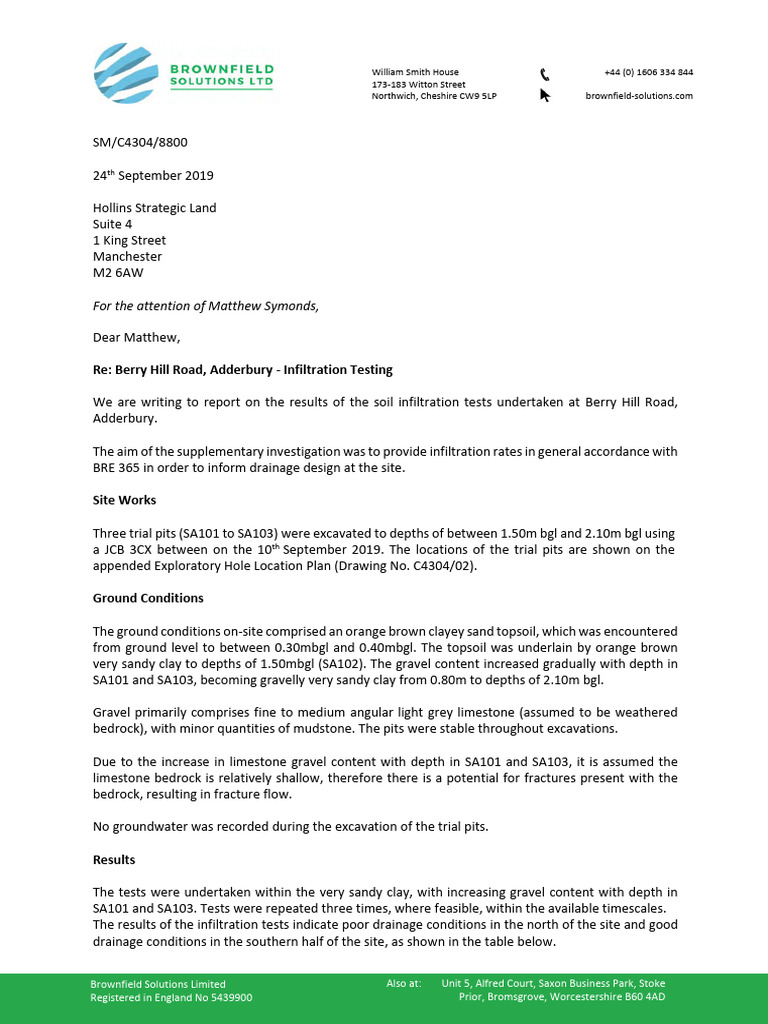 Prelim Drainage Strategy - Infiltration Testing Report 09 - 2019 | PDF ...