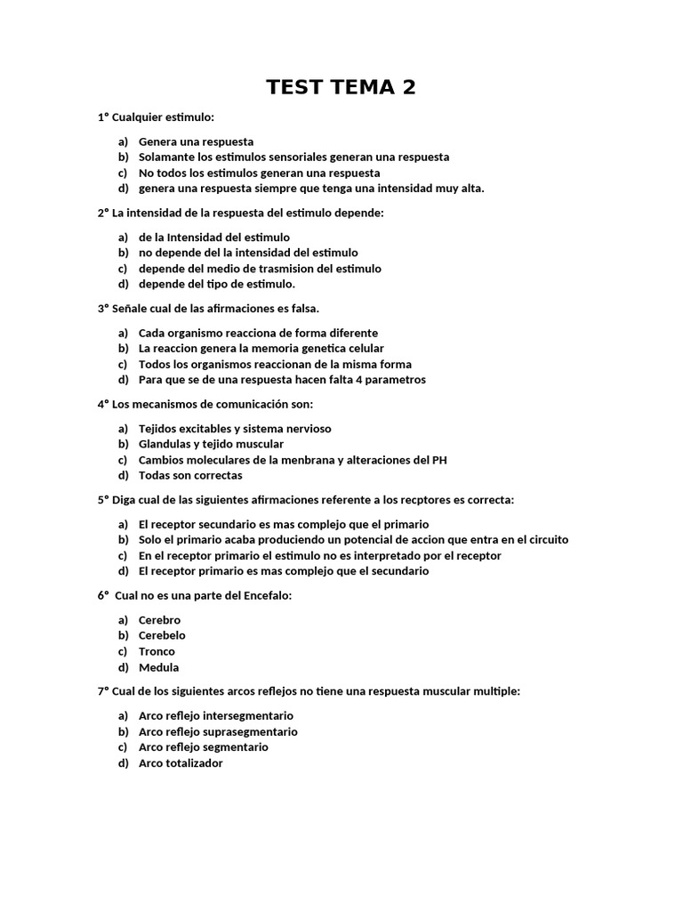 Test Tema 2 | PDF | Cerebro | Anatomía
