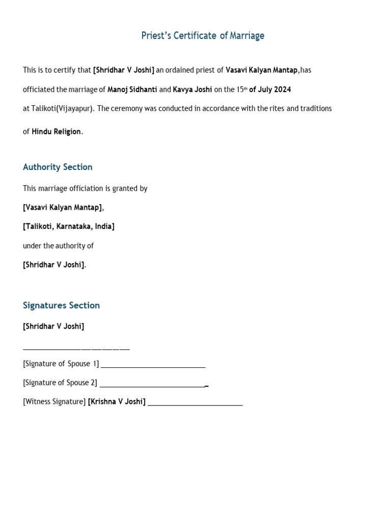 Hindu Marriage Priest Certificate | PDF | Religion & Spirituality