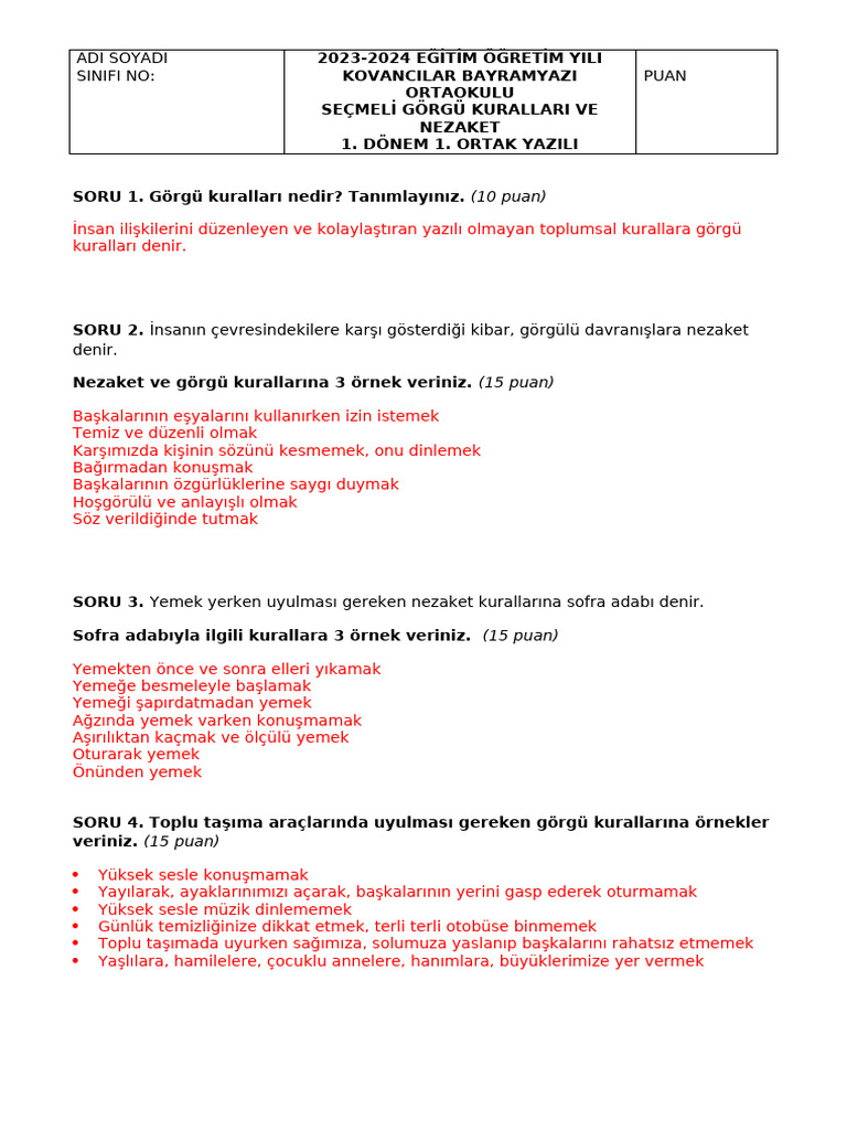 2023 2024 Secmeli Gorgu Kurallari Ve Nezaket 1. Donem 1. Ortak Yazili ...