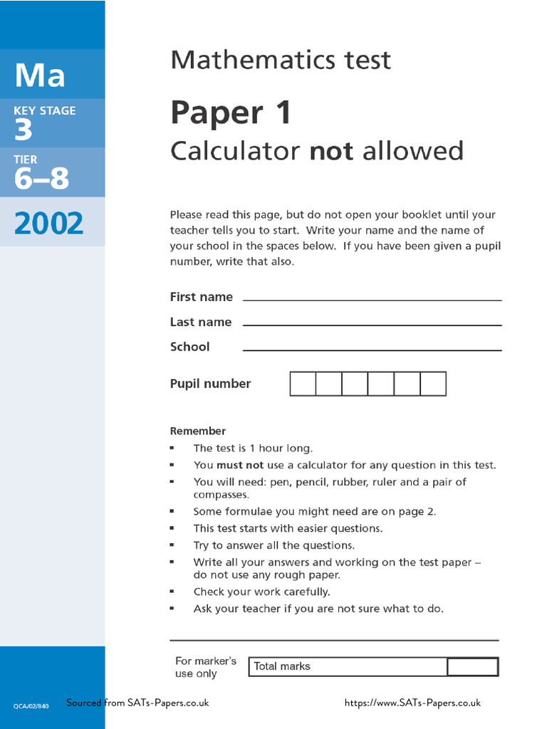 ks3 Mathematics 2002 Level 6 8 Paper 1 | PDF