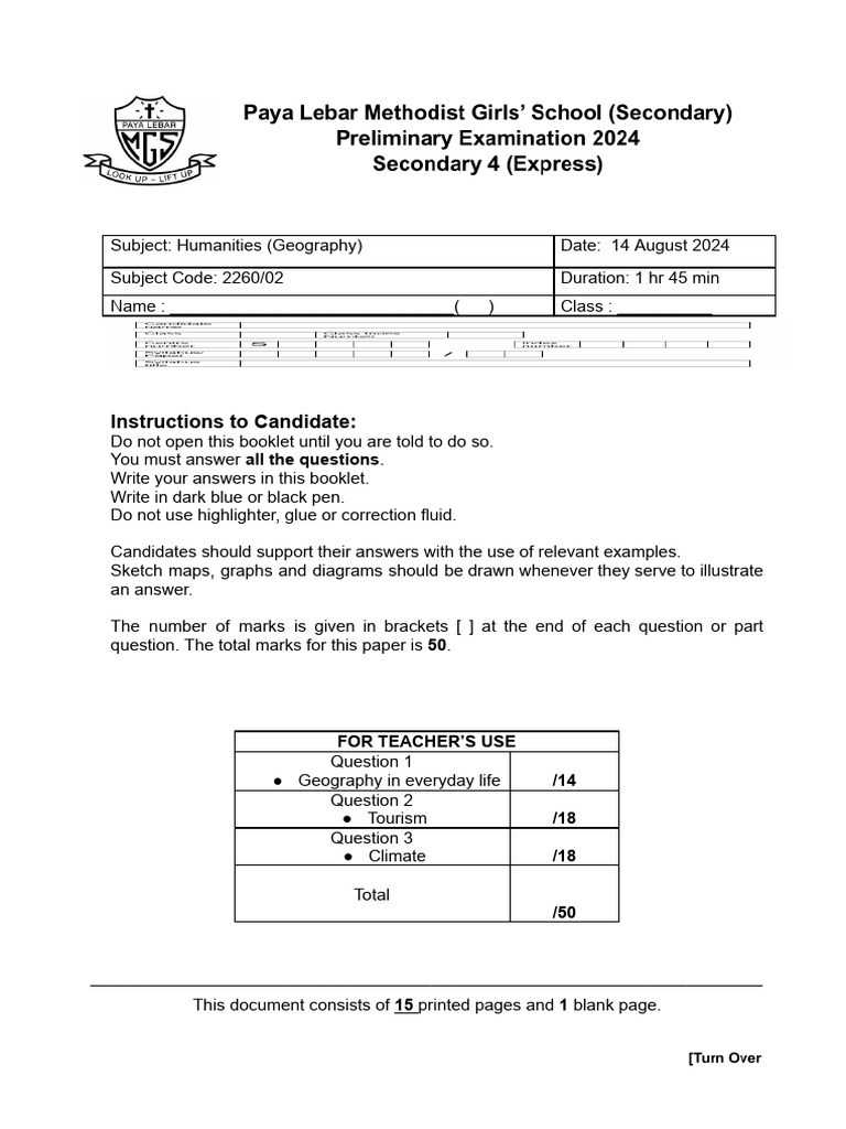 2024 Plmgs Sec4exp Geog Prelim QP | PDF | Environment | Natural Environment