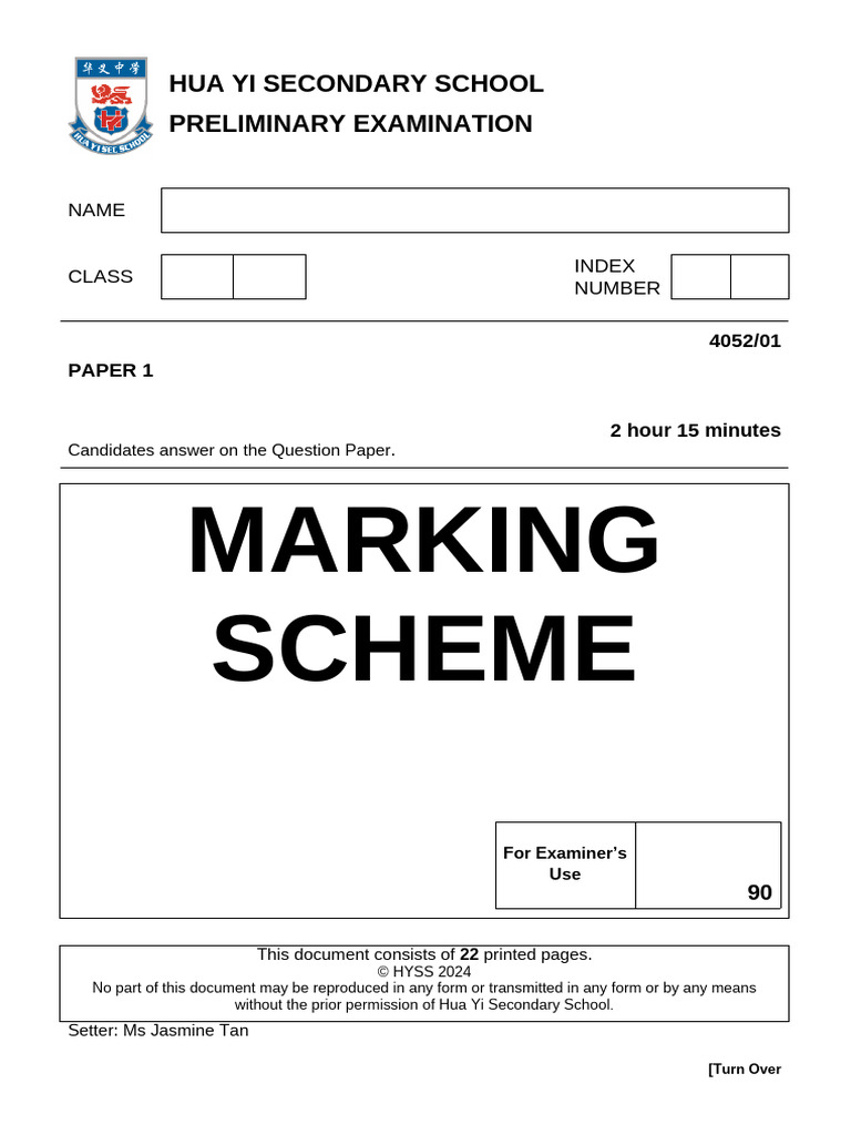 2024 HYSS - S4-5 G3 MA Prelim - Paper 1 - MS (For Sharing) | PDF | Area ...