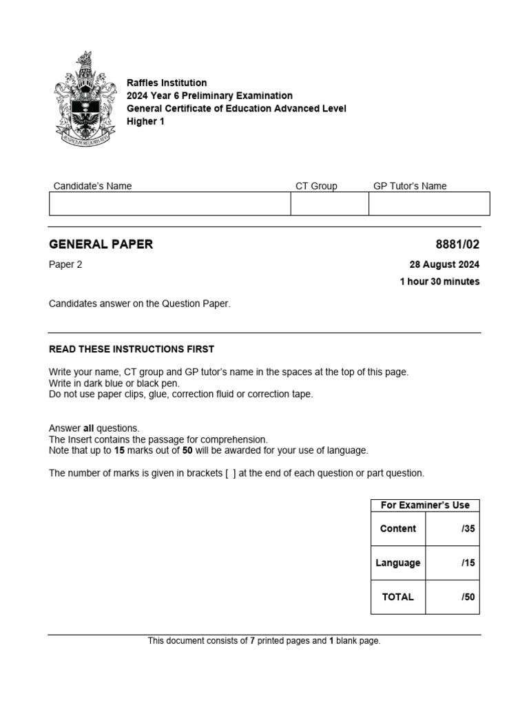 RI 2024 Y6 Prelims P2 Answer Booklet | PDF