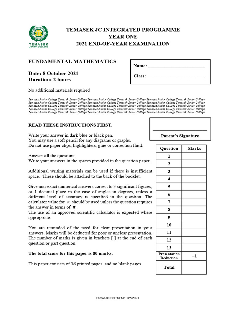 TJC 2021 IP1 FM EOY (Questions & Answers) | PDF | Line (Geometry ...