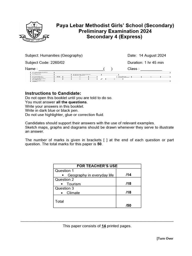 2024 Plmgs Sec4exp Geog Prelim Ms | PDF | Coral | Tourism