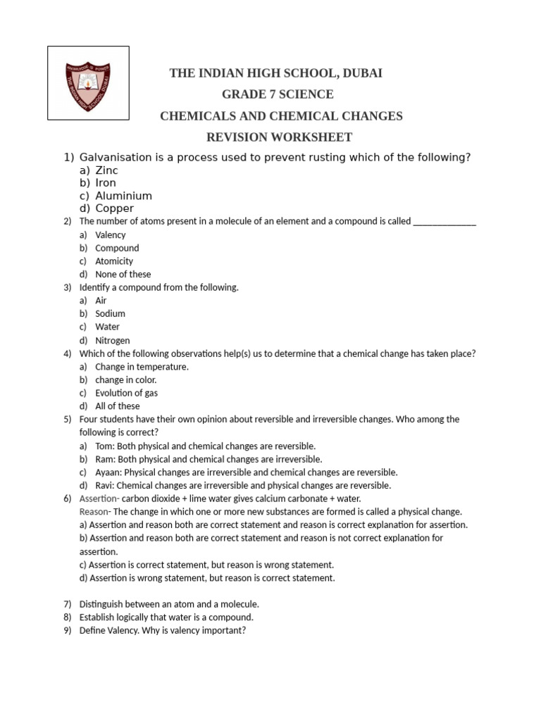 Chemicals and Chemical Changes - Revision Worksheet - Term 1 | PDF ...