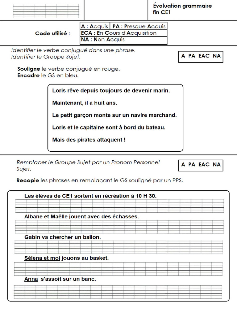 Ob - 7450fd - Valuation Grammaire Fin Ce1 | PDF