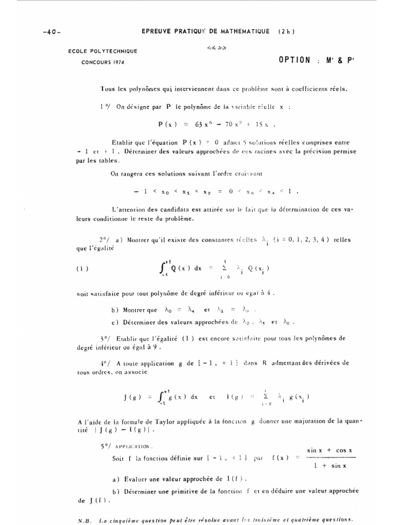 École Polytechnique 1974 MP-PC Mathématiques Pratique Ea | PDF