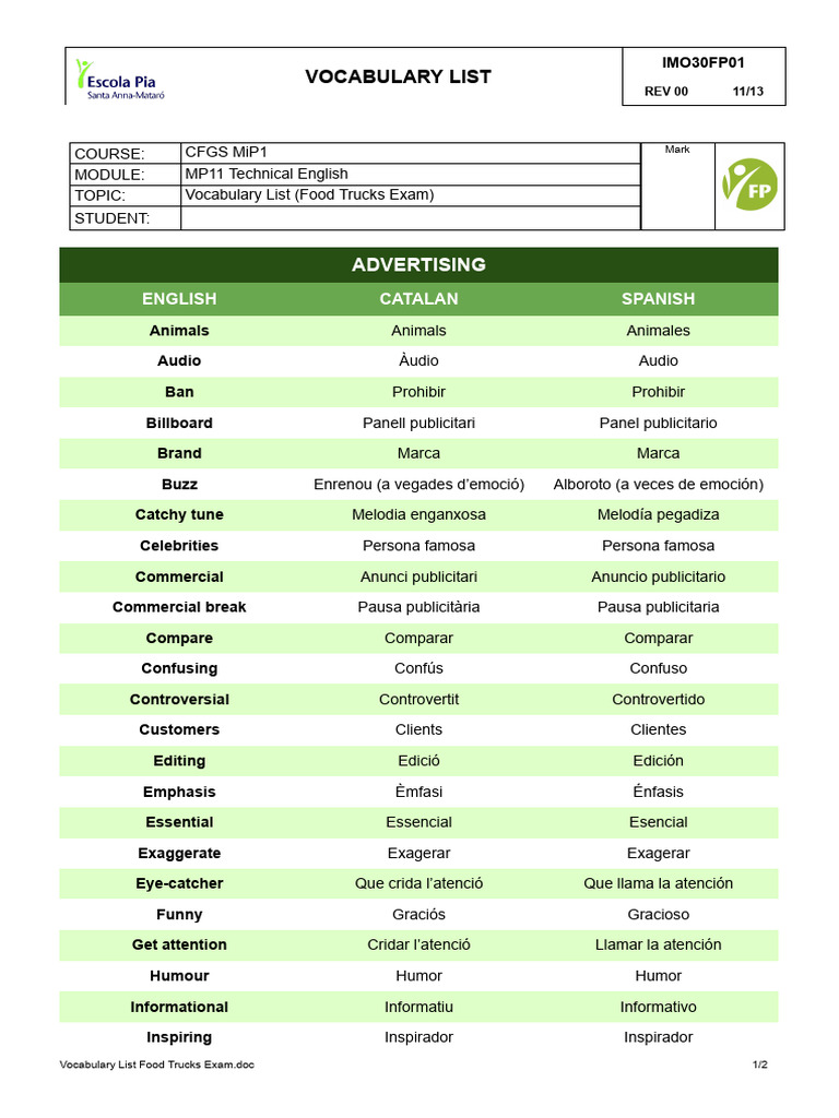 Vocabulary List (Food Trucks Exam) | PDF | Entretenimiento | Diseño de ...