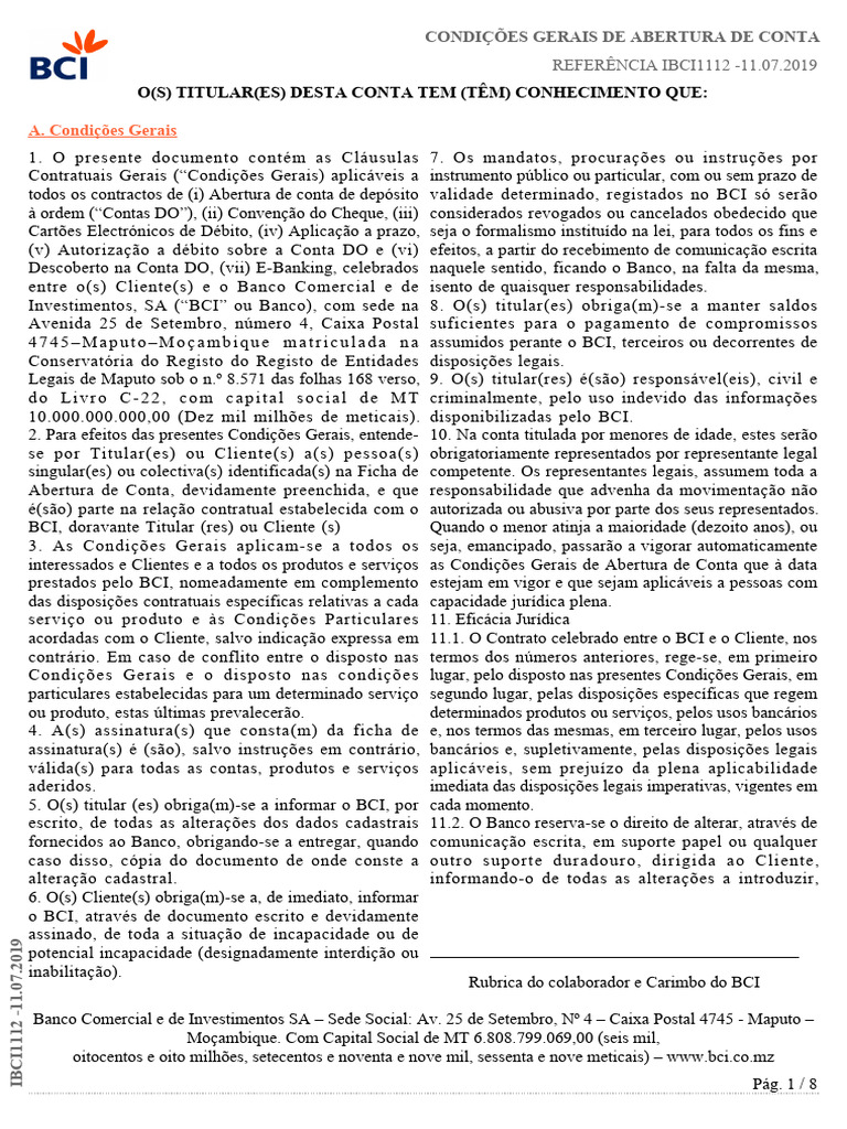 Condições Gerais de Abertura de Conta BCI | PDF | Cheque (banco)