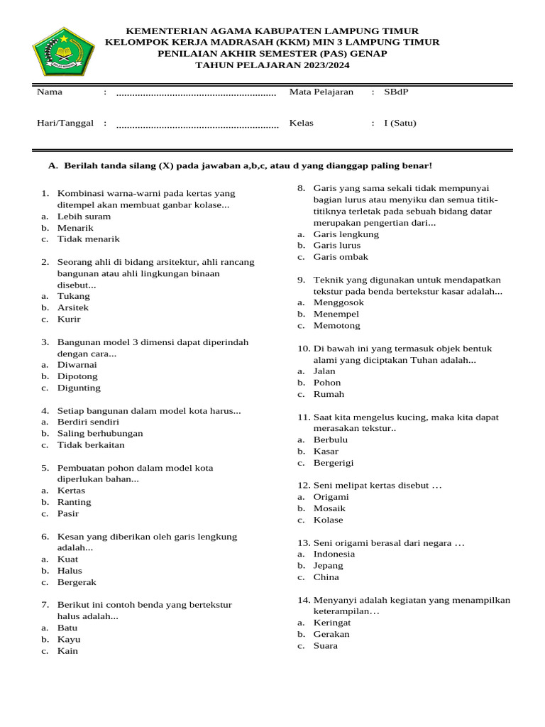 Format Soal SBDP Kelas 1 | PDF