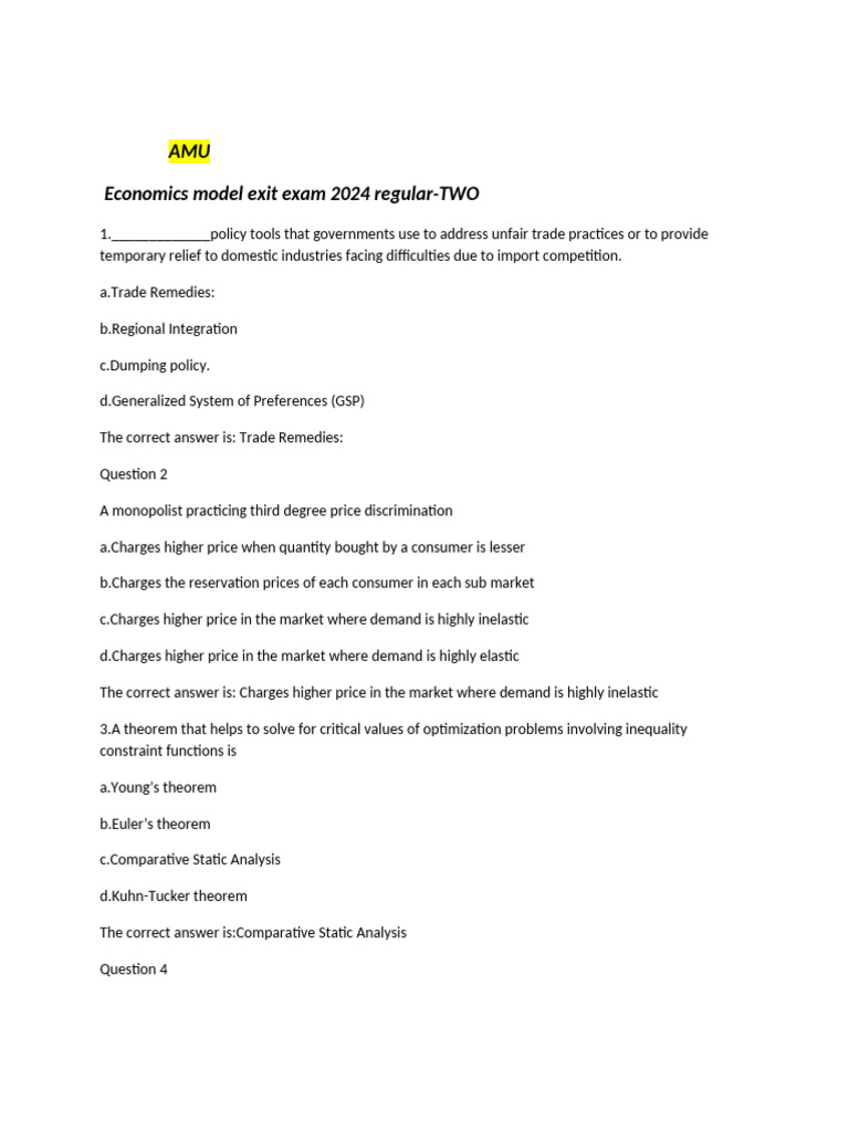 Amu Economics Model Exam Two 2024 | PDF | Market (Economics ...