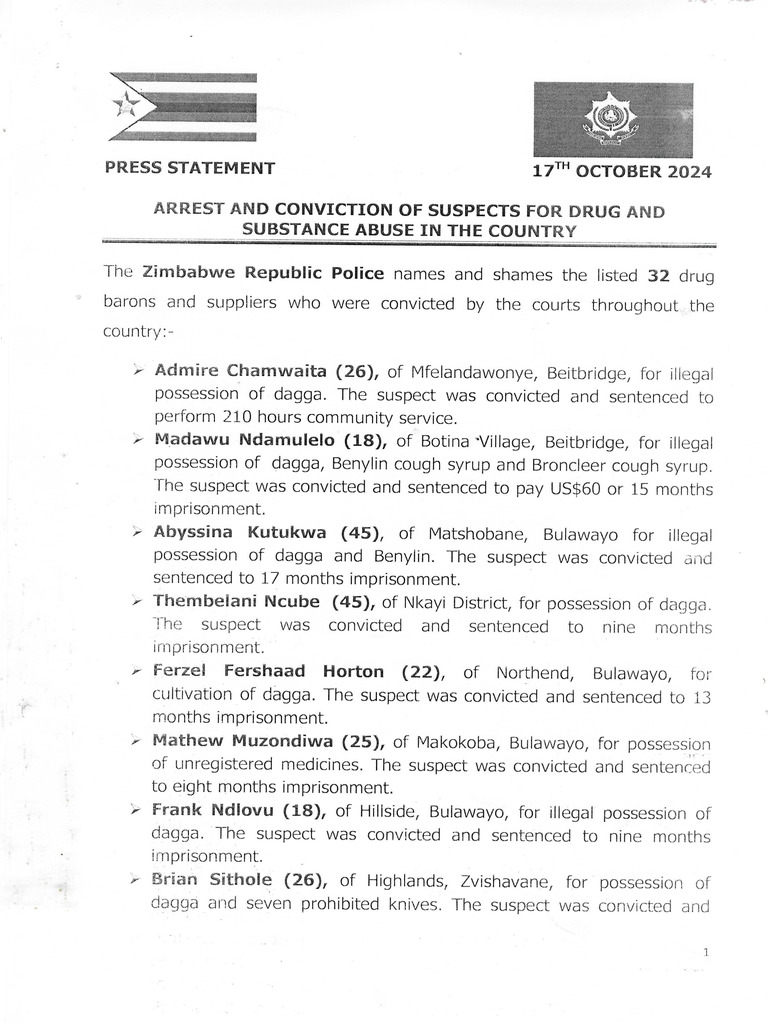 ZRP Statement 10.17.2024 Drug & Substance Abuse Suspects-1 | PDF
