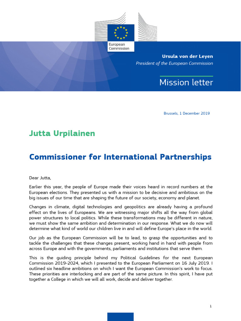 Mission Letter Urpilainen 2019 2024 - en | PDF | European Union ...