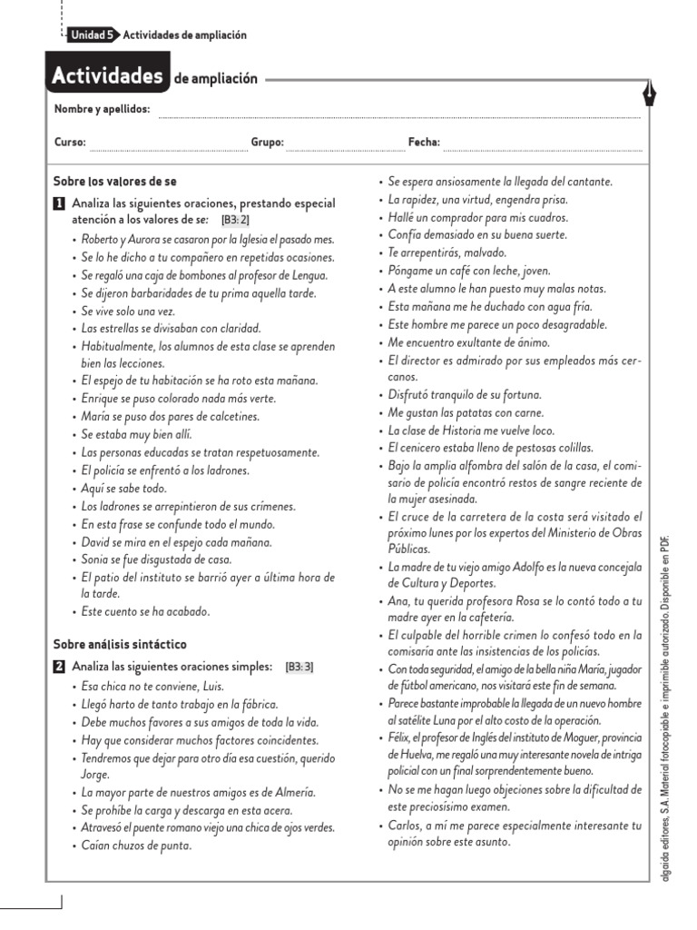 04 U5 Actividades Ampliacion Lengua 1bach | PDF