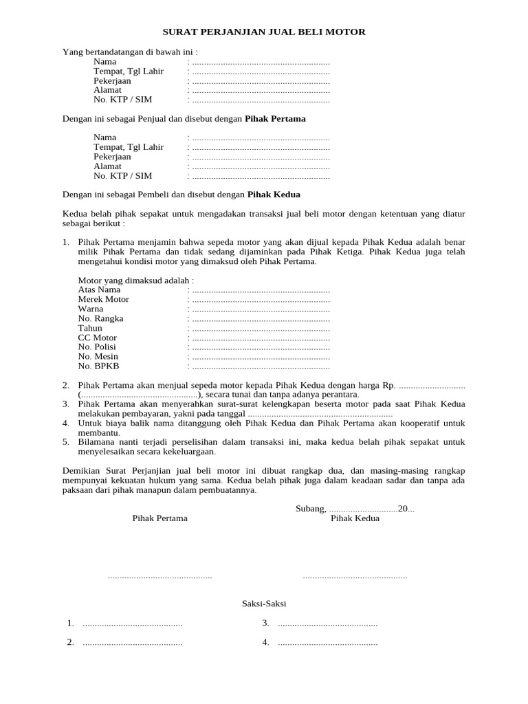 Surat Perjanjian Jual Beli Motor | PDF