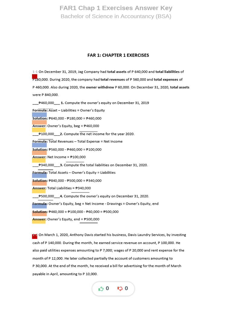 FAR 1 Chapter 1 Answer Key | PDF | Debits And Credits | Equity (Finance)