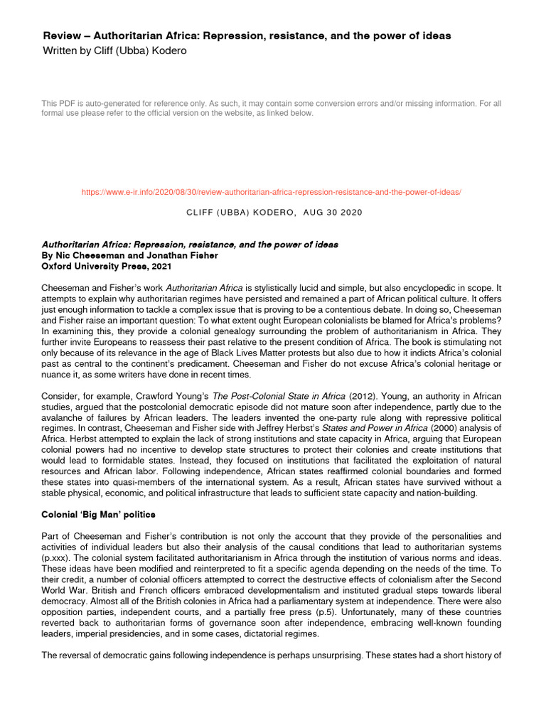 Review - Authoritarian Africa Repression Resistance and The Power of ...