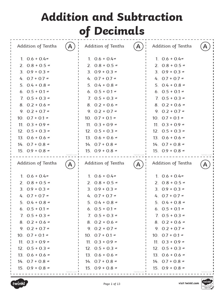 GR 4 Math Self Study Addition and Subtraction of Decimals Activity ...