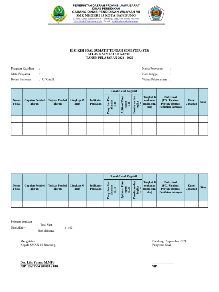 Format Kisi-Kisi STS Ganjil Kelas X 2024-2025 | PDF