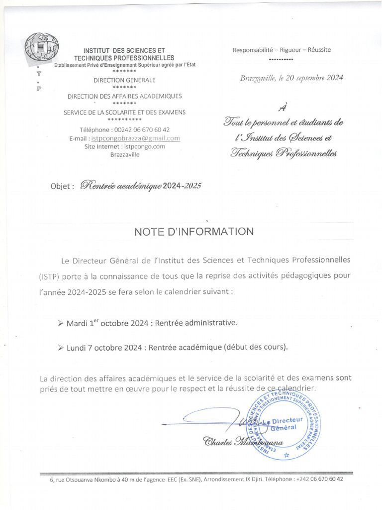 Note D'information Rentree Administrative Et Academique 2024-20 | PDF