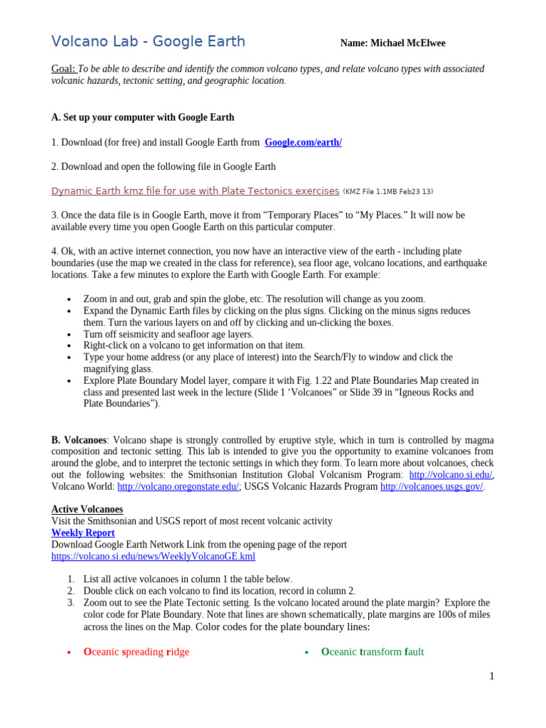 Volcano Lab Google Earth | PDF | Volcano | Types Of Volcanic Eruptions