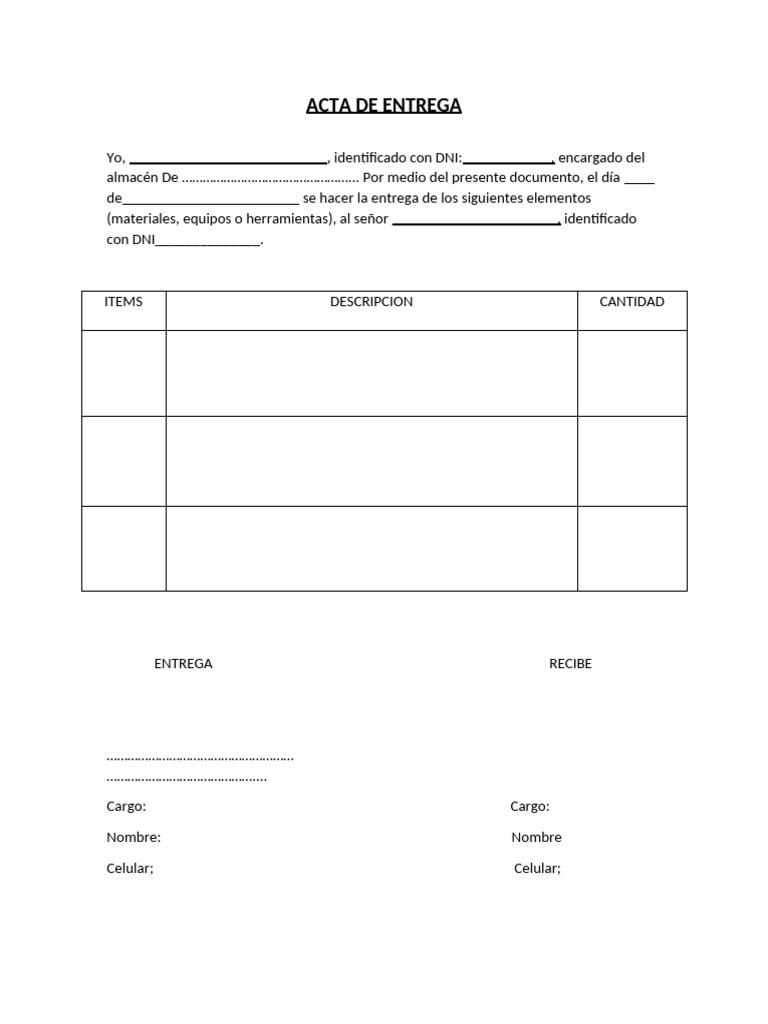 Modelo de Acta de Entrega Simple | PDF