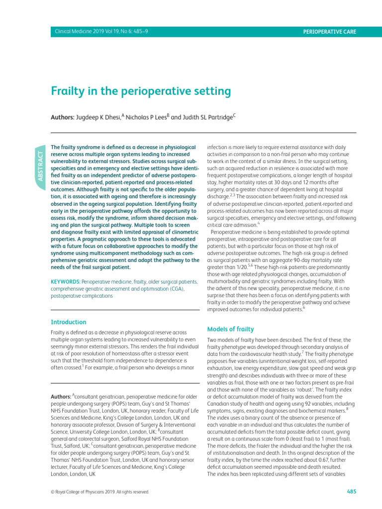 Frailty in The Perioperative Setting | PDF | Surgery | Geriatrics