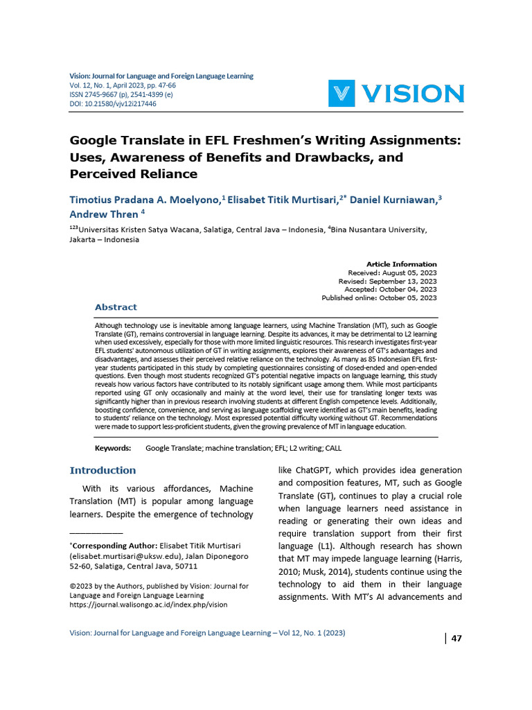 Google Translate in EFL Freshmen's Writing Assignments | PDF | Second ...