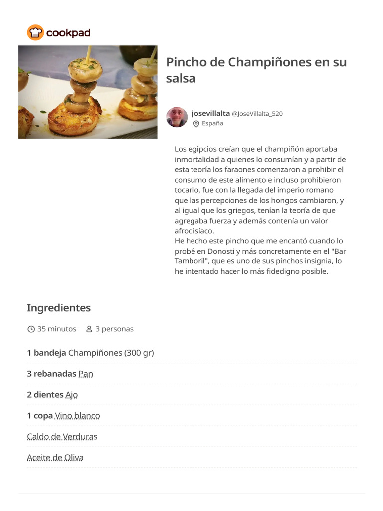Pincho de Champiñones en Su Salsa | PDF | Panes | Caldo