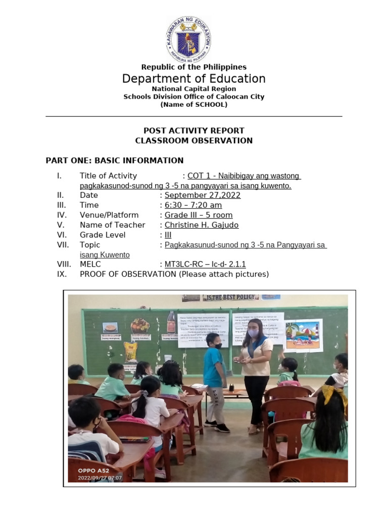 Cgajudo Classroom Observation Report Cor 1 | PDF