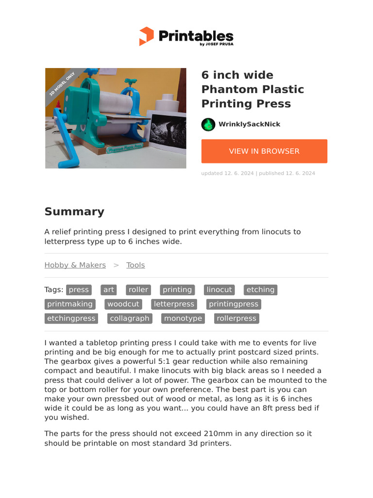 6 Inch Wide Phantom Plastic Printing Press | PDF | Printmaking | Publishing