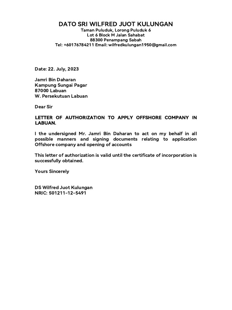 Letter of Authorization To Apply Offshore Company | PDF