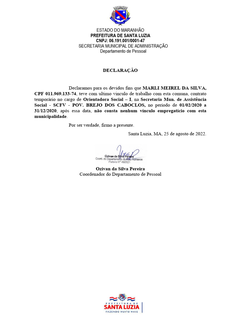 Declaração de Vínculo de Marli Meirel | PDF