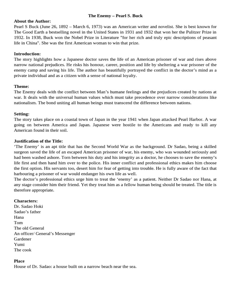 Notes Class 12 Notes - The Enemy | PDF