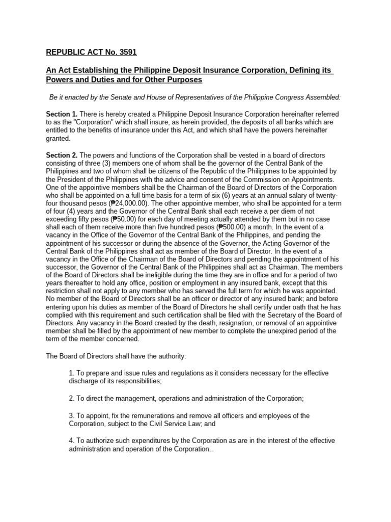 RA 3591 - PDIC Law As Amended by RA 9576-1 | PDF | Banks | Deposit Account