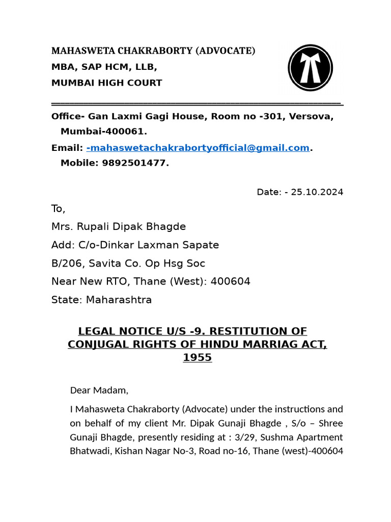 Section-9 of Hma Application by Dipak Gunaji Bhagde | PDF | Marriage