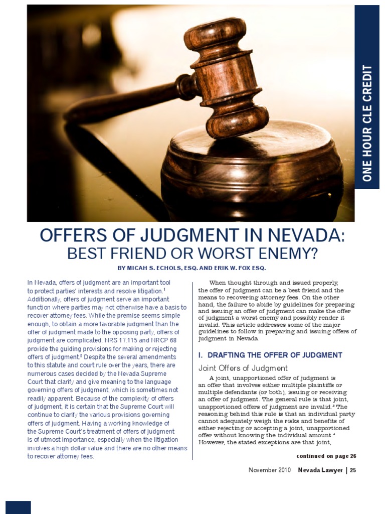 Article For CLE Credit: Offers of Judgement in Nevada: Best Friend or ...