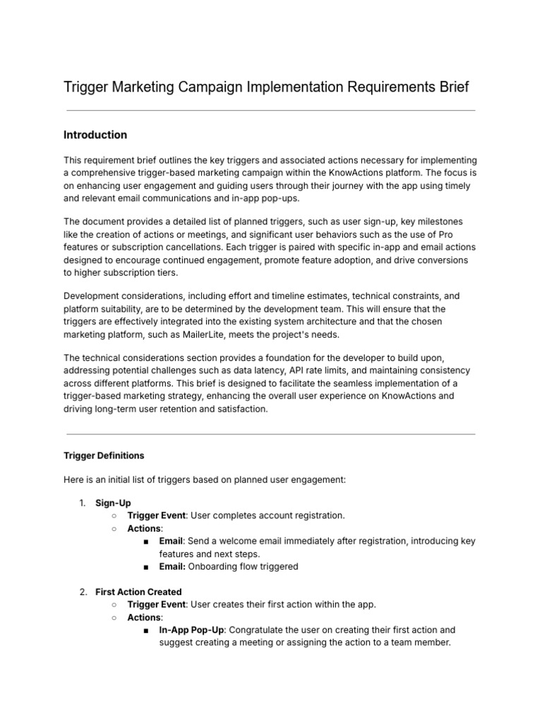Trigger Marketing Campaign Implementation Requirements Brief - V1.0 | PDF | Marketing | Computing