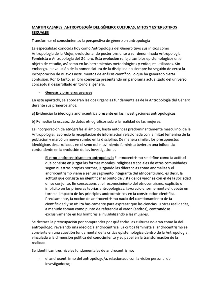 MARTIN CASARES Antropologia de Genero Resumen | PDF | Género | Estudios ...