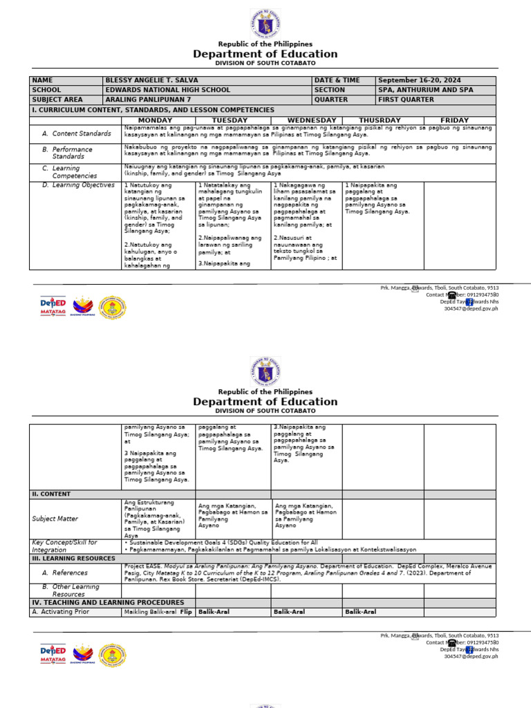 Matatag Weekly Plan Q1 W4 | PDF