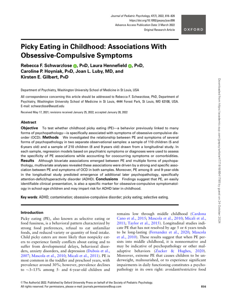 Picky Eating in Childhood: Associations With Obsessive-Compulsive ...