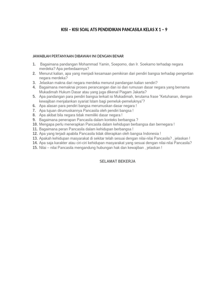 Kisi Soal Ats Pendidikan Pancasila Kelas x1-9 | PDF