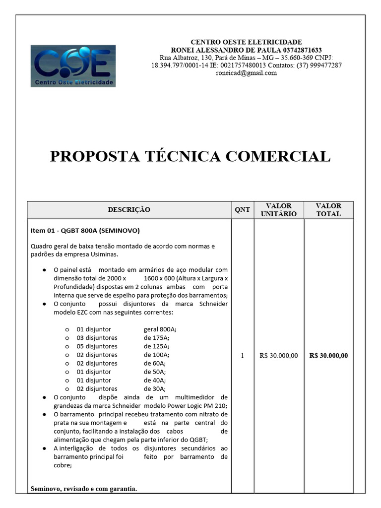 Proposta Técnica e Comercial Painéis QGBT 800A e Banco Capacitor 90kvar | PDF | Eletricidade ...