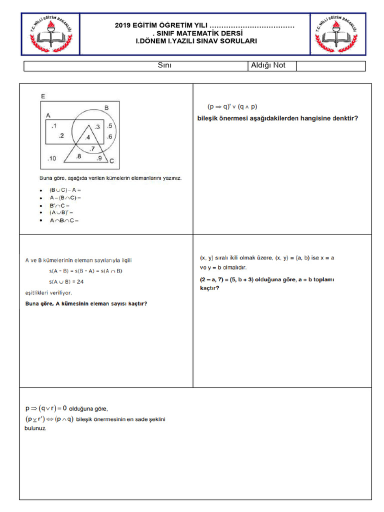 Sinif Matematik 1. Donem 1. Yazili Sinav Sorulari | PDF