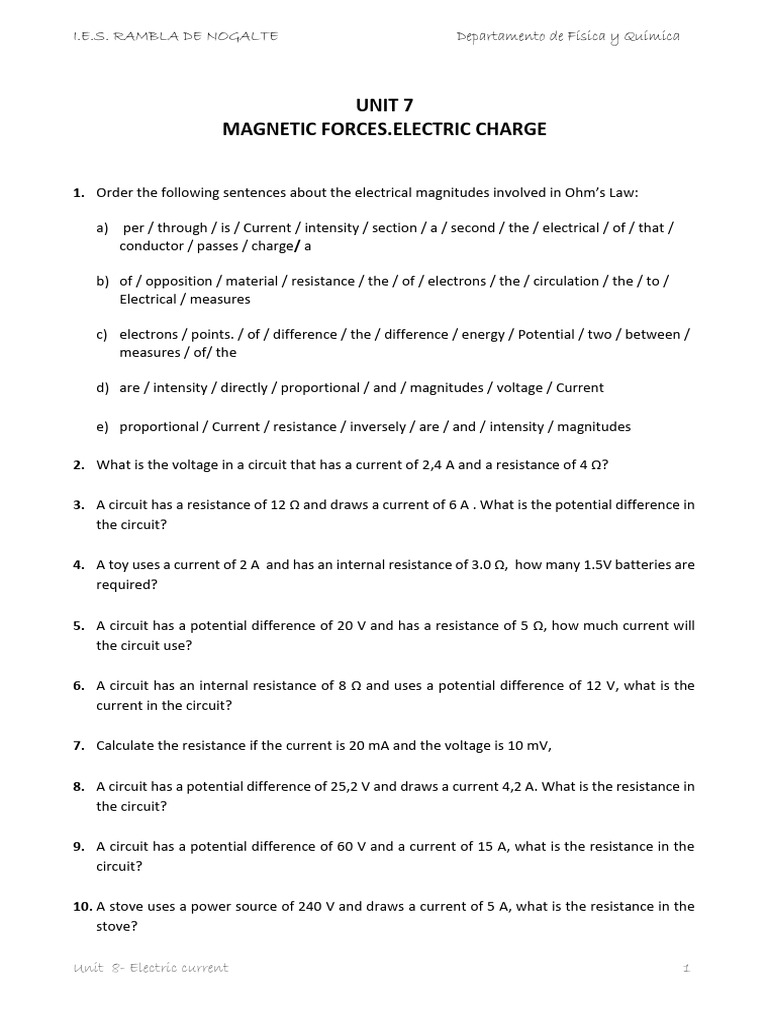 Worksheet Unit 7 - MAGNETIC FORCE. ELECTRIC CHARGE | PDF | Electrical ...