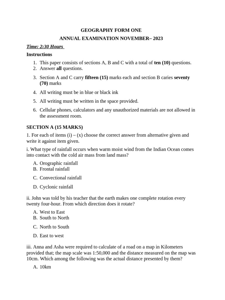 Form One Geography Annual Exam 2023 | PDF | Forests | Rain