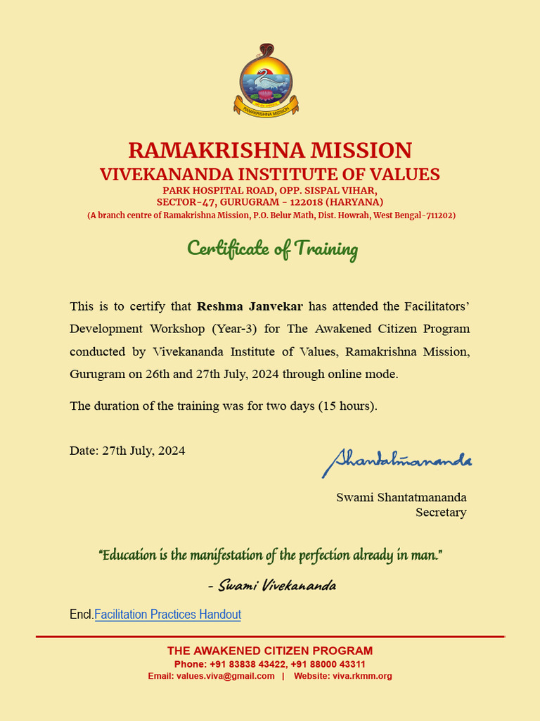 Awakened Citizen Program TRG Certificate Reshma Janvekar | PDF ...