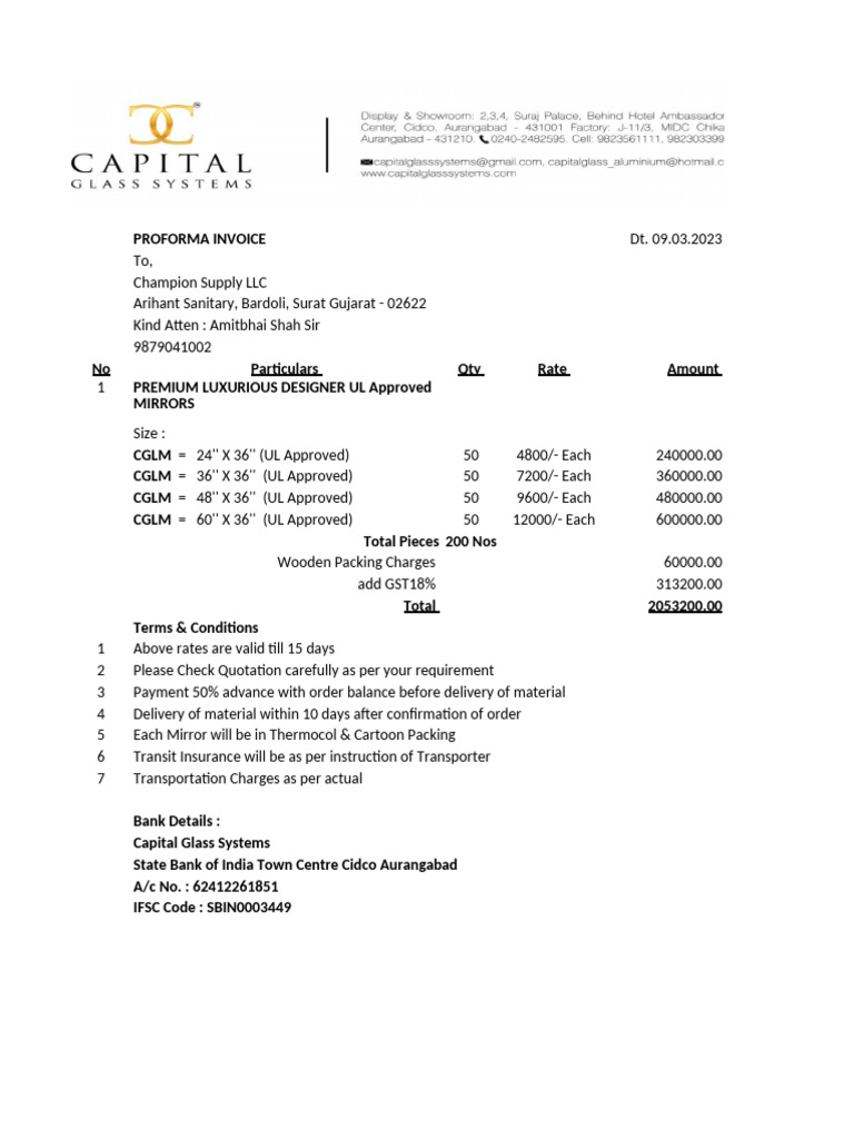 Proforma Invoice for Designer Mirrors | PDF
